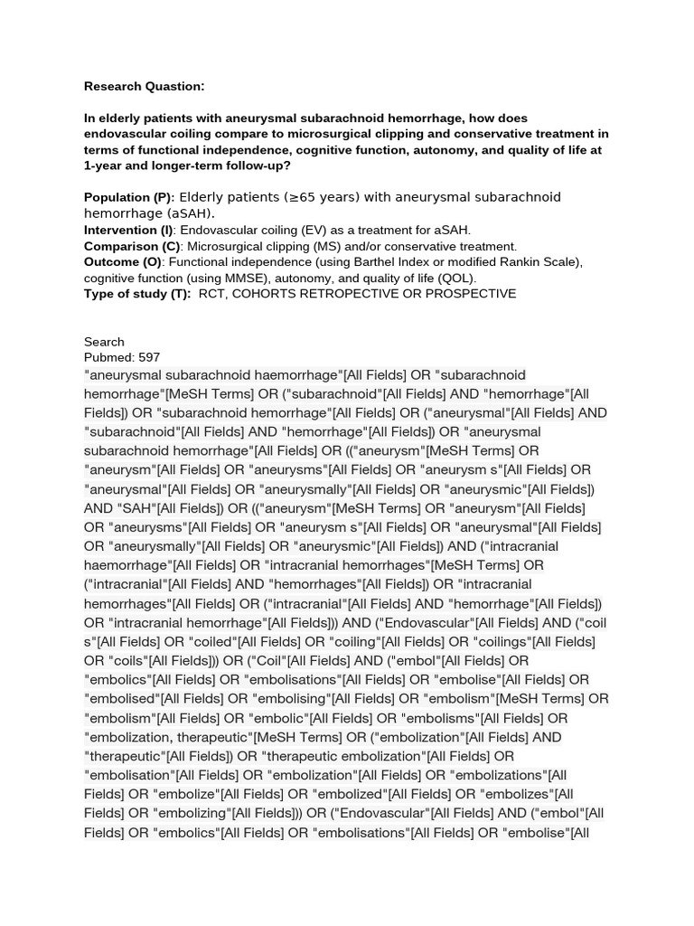 Long-Term Functional Outcomes and Quality of Life in Elderly Patients Treated For Aneurysmal ...