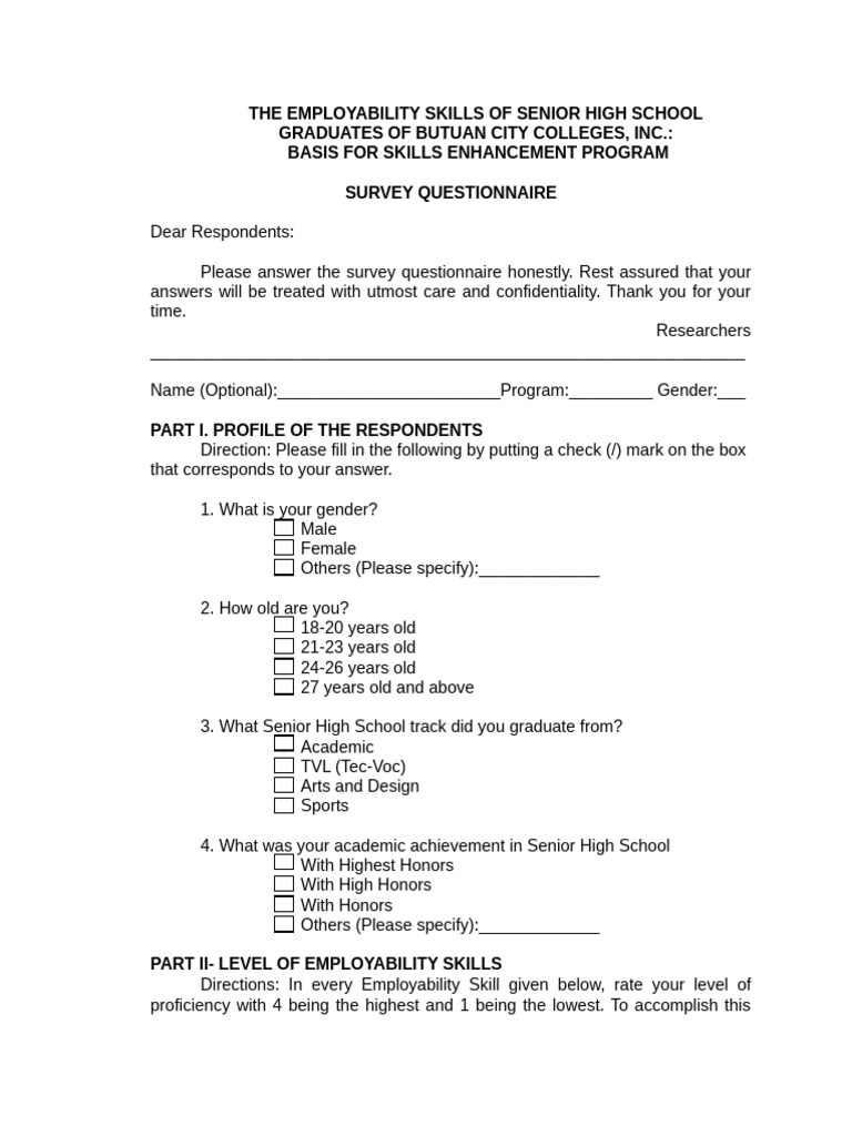 Jecris Survey Questionnaire 1 | PDF | Communication | Psychology