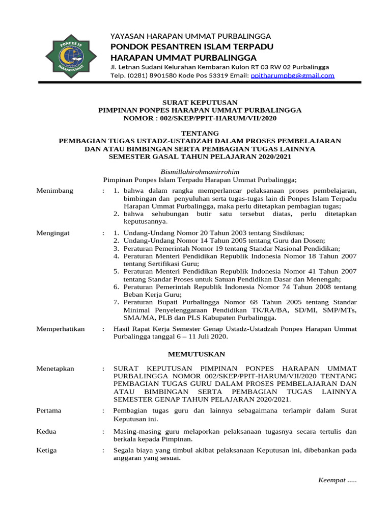 002 SK Pembagian Tugas 2020 2021 Smt 1 | PDF
