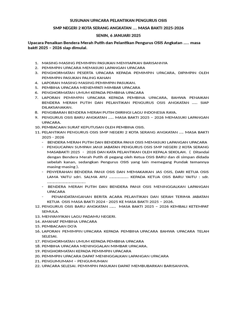 Susunan Upacara Pelantikan Pengurus Osis | PDF