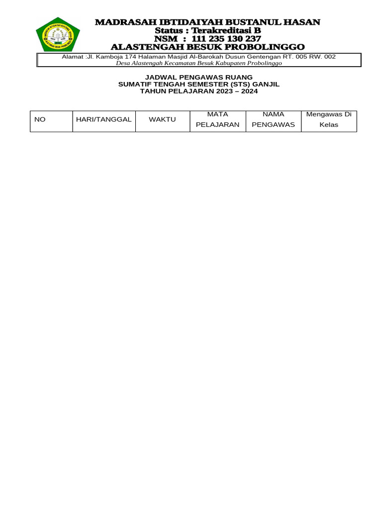 Daftar Hadir Pengawas PTS Ganjil 2022-2023 | PDF