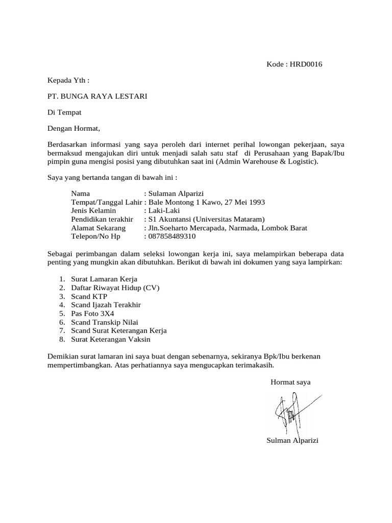 Surat Lamaran PT BUNGA RAYA LESTARI-1 | PDF