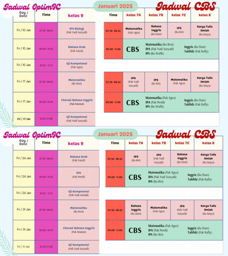Jadwal Optimic & CBS SMP - Januari 2025 | PDF