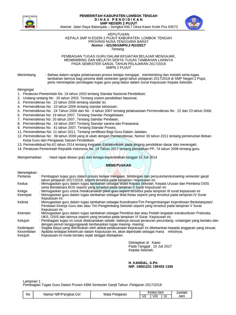 Pembagian Tugas Guru SMPN 2 Pujut 2017 | PDF