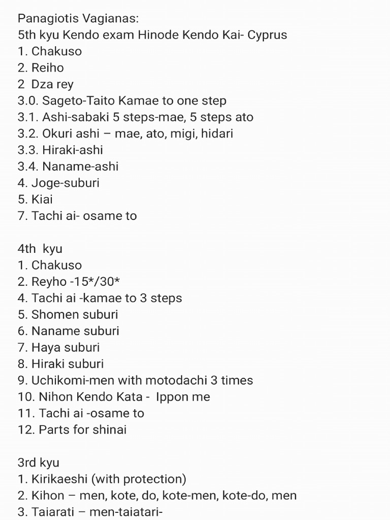 Kendo 5 to 2 Kyu Grading Syllabus | PDF