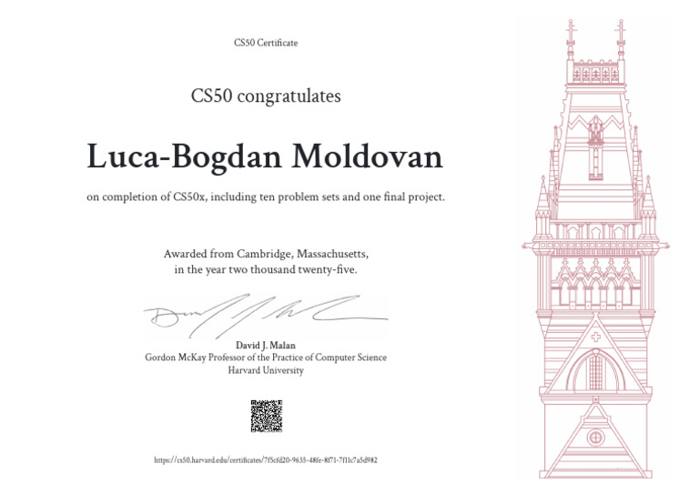 CS50 Certificate for Luca-Bogdan Moldovan | PDF