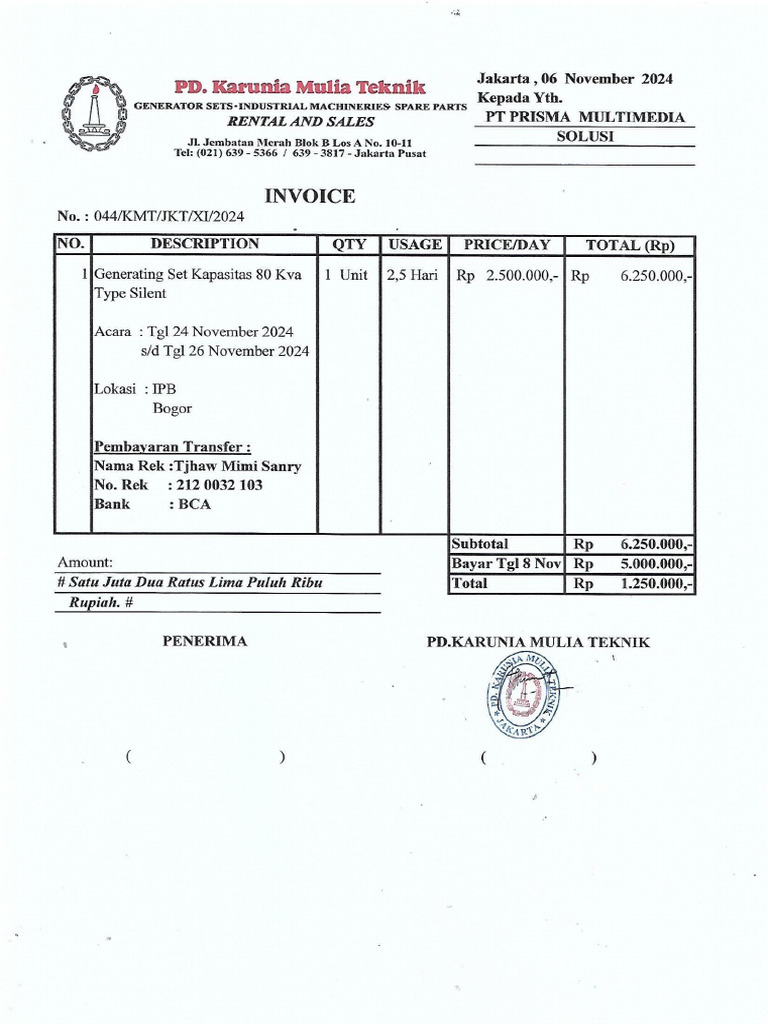Invoice Genset, PT Prisma Multimedia, IPB, TGL 26 Nov 24 | PDF