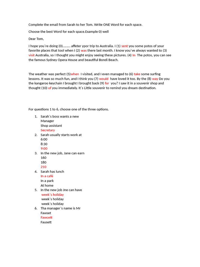 Email Completion Exercises for Sarah and Tom | PDF