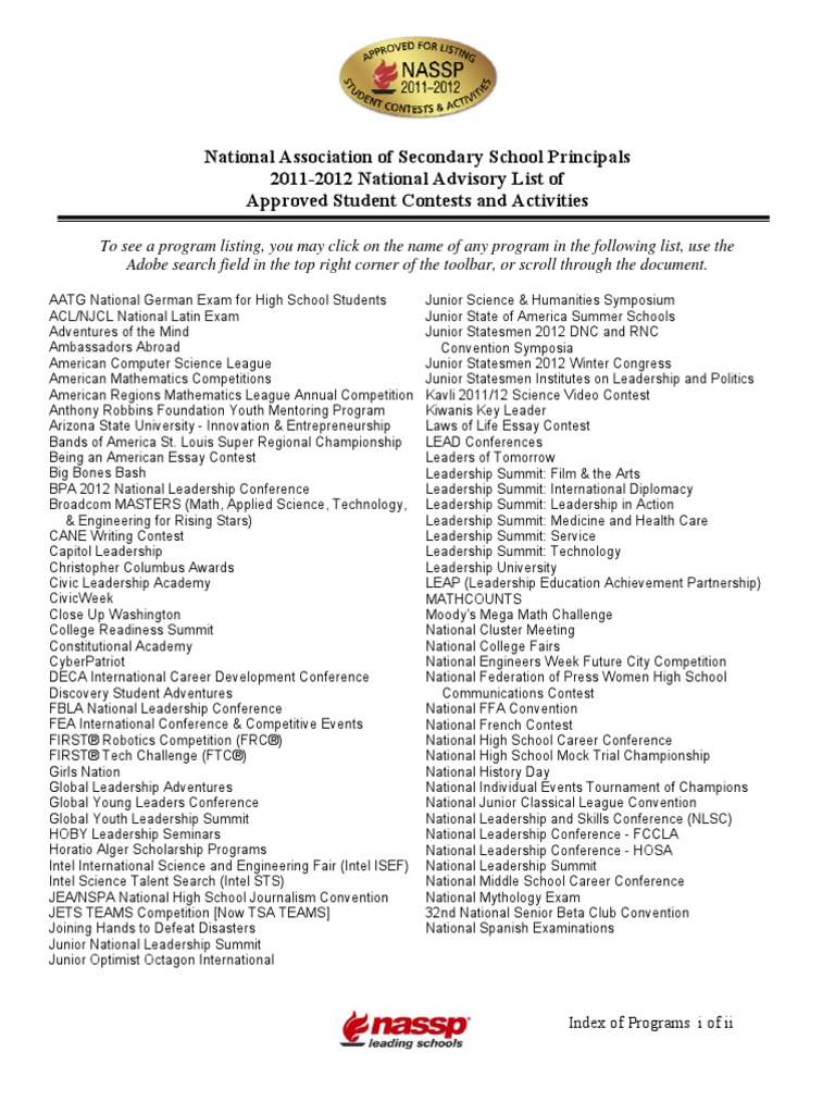 2011-2012 NASSP National Advisory List Updated 1011 | PDF | Schools ...
