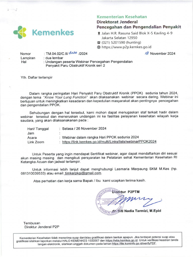 Surat Undangan Peserta Webinar PPOK Seri-2 26-11-2024 | PDF