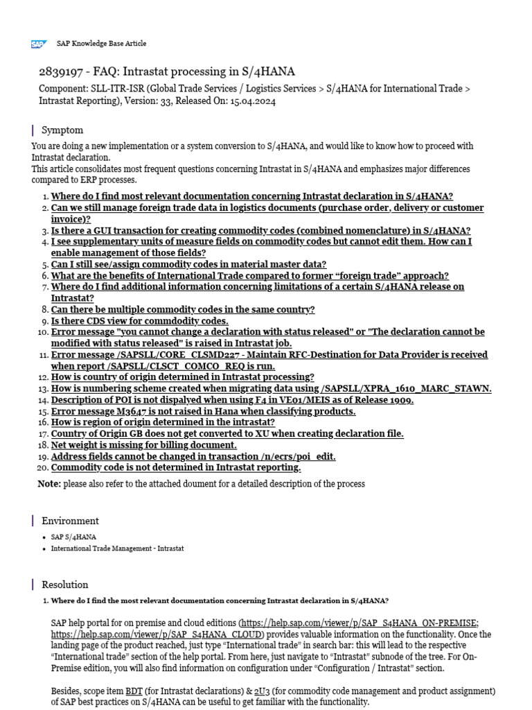 2839197_E_20240603 FAQ Intrastat S4HANA | PDF | Computing | Enterprise ...
