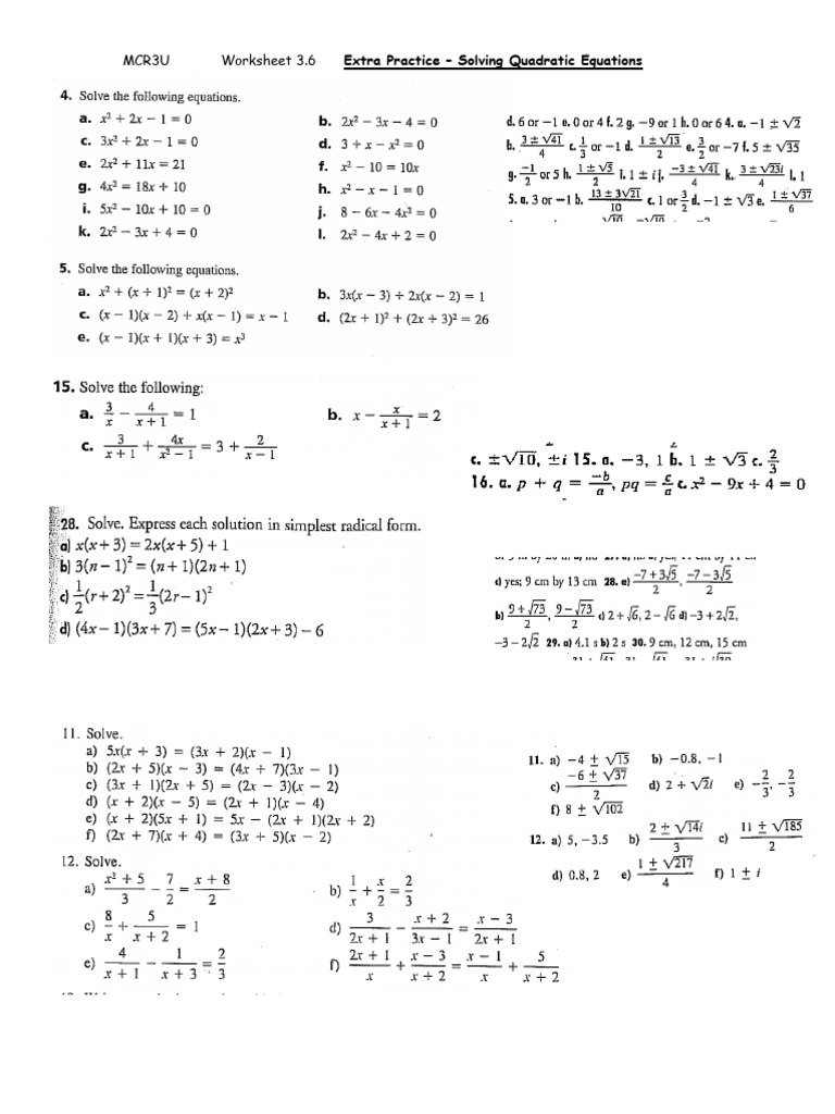 3.6 HW Solving Quadratic Equations | PDF