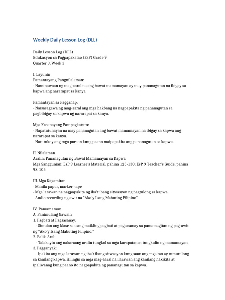 Weekly Daily Lesson Log DLL EsP9 | PDF