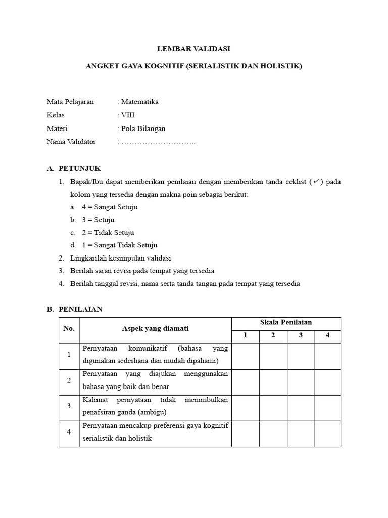 LEMBAR VALIDASI ANGKET | PDF