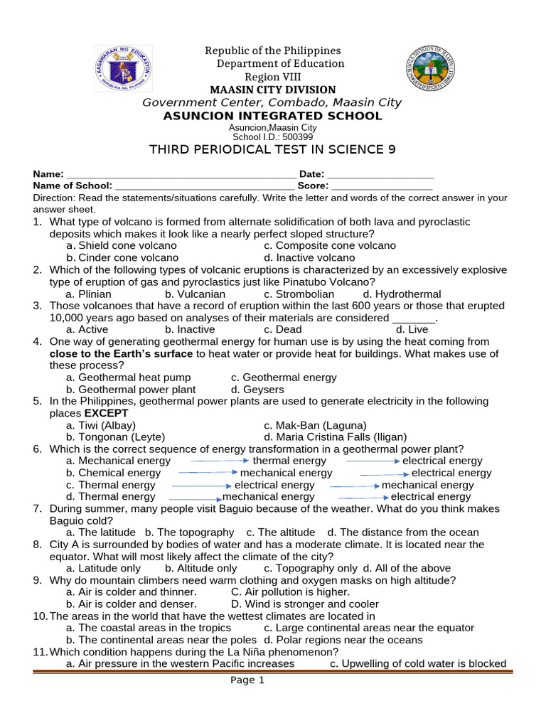 Grade 9 Science 3rd Quarter Exam | PDF | Atmosphere Of Earth | Volcano