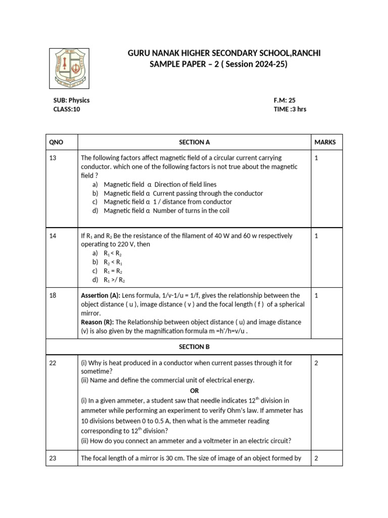 Class 10 Physics Sample Paper 2024 | PDF | Electric Current | Magnetic ...