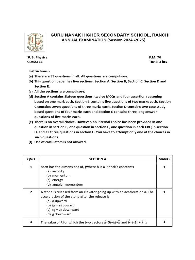 Class 11 Physics Annual Exam Paper 2024 | PDF | Rotation Around A Fixed ...
