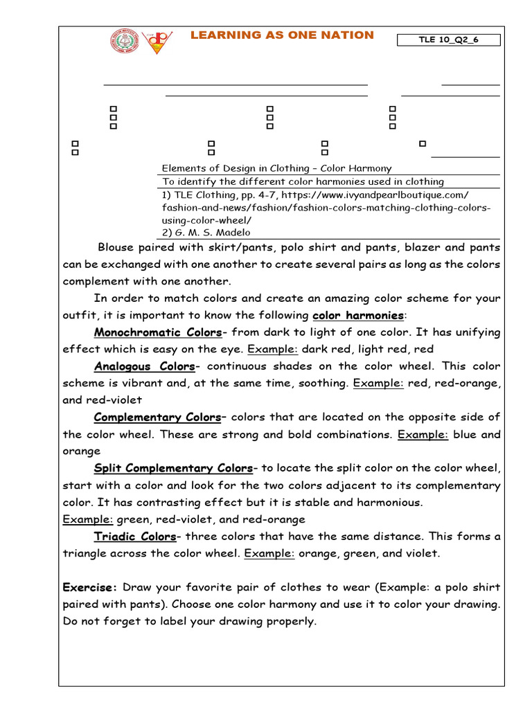 TLE 10 Q2 LAS 6 Elements of Design in Clothing - Color Harmony | PDF ...