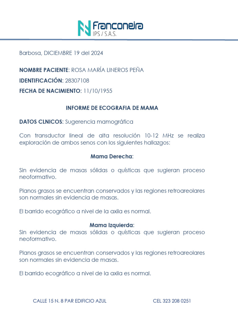 Informe Ecografía de Mama Normal | PDF