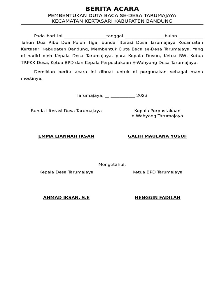 Berita Acara Duta Baca Paud | PDF