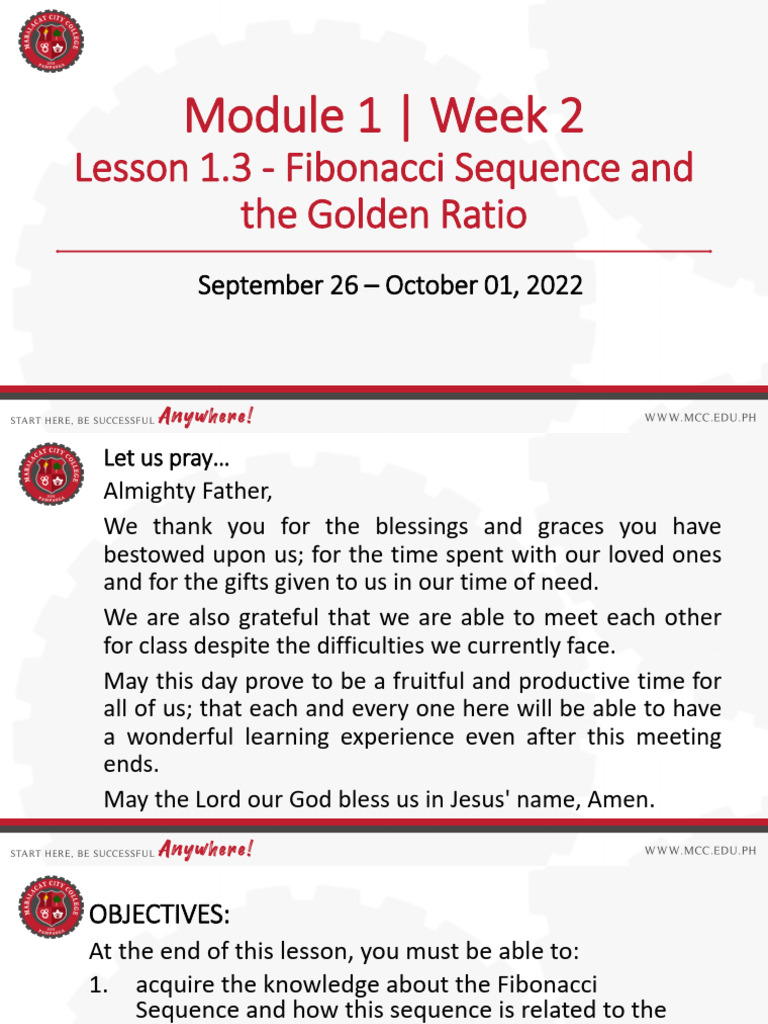 MATH 101 Week 2 Lesson 1 3 Fibonacci Sequence & The Golden Ratio | PDF | Ratio | Mathematics