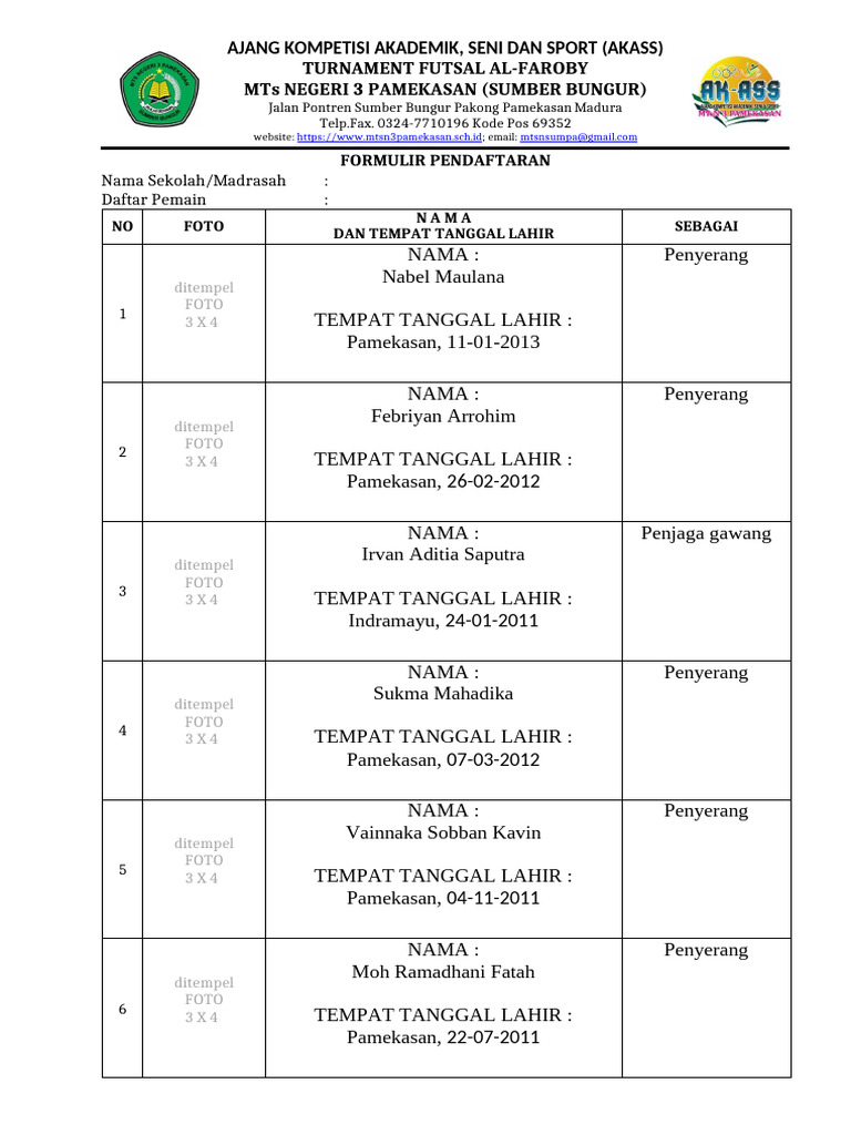 Formulir Pendaftaran Futsal AKASS 2024 | PDF