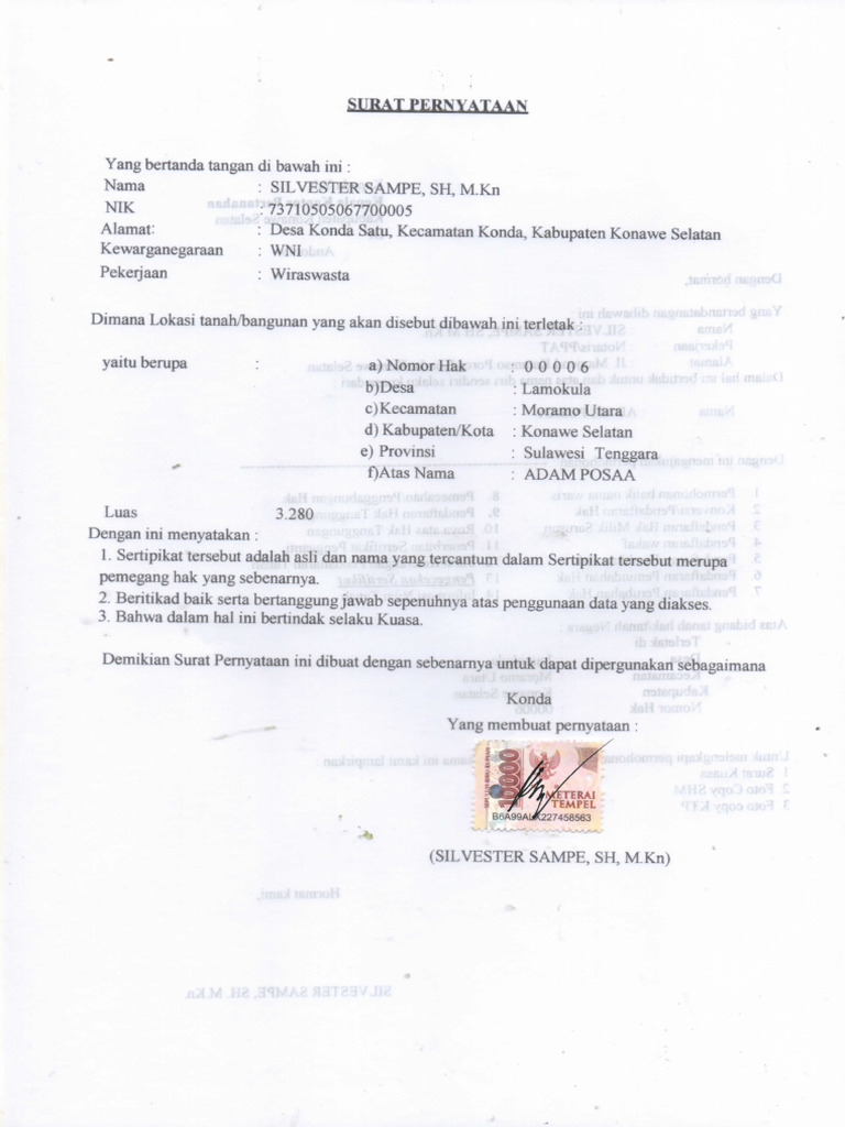 Surat Pernyataan Adam Posaa | PDF