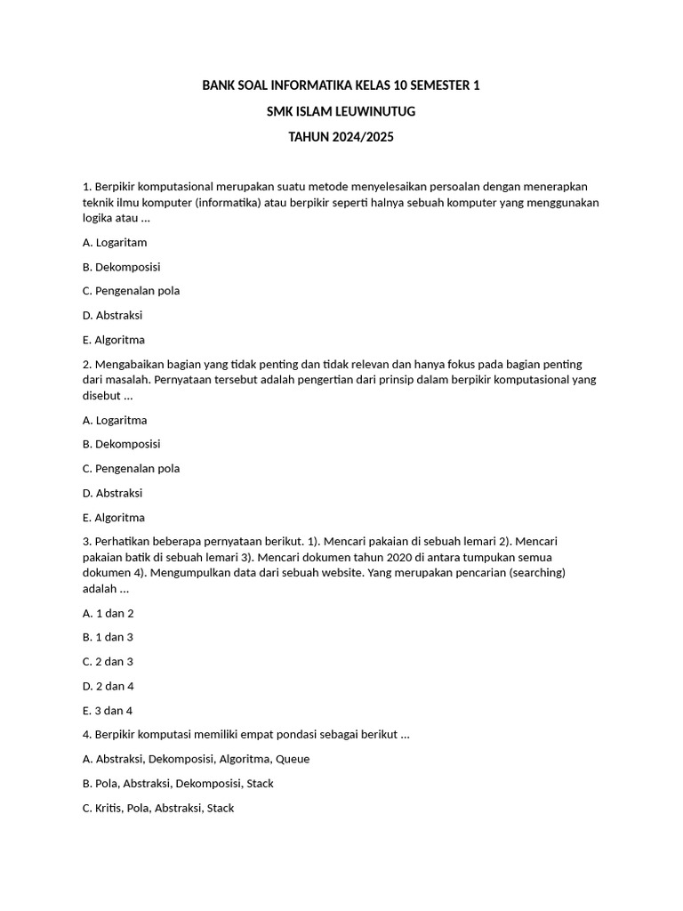 BANK SOAL INFORMATIKA KELAS 10 SEMESTER 1 | PDF