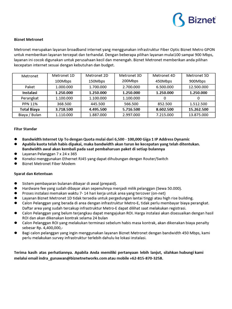 Layanan Internet Biznet Metronet | PDF