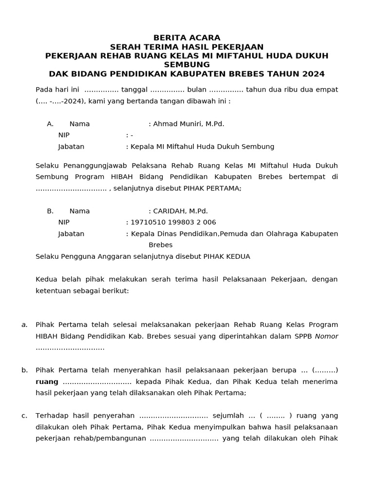 Serah Terima Rehab Kelas MI Brebes | PDF