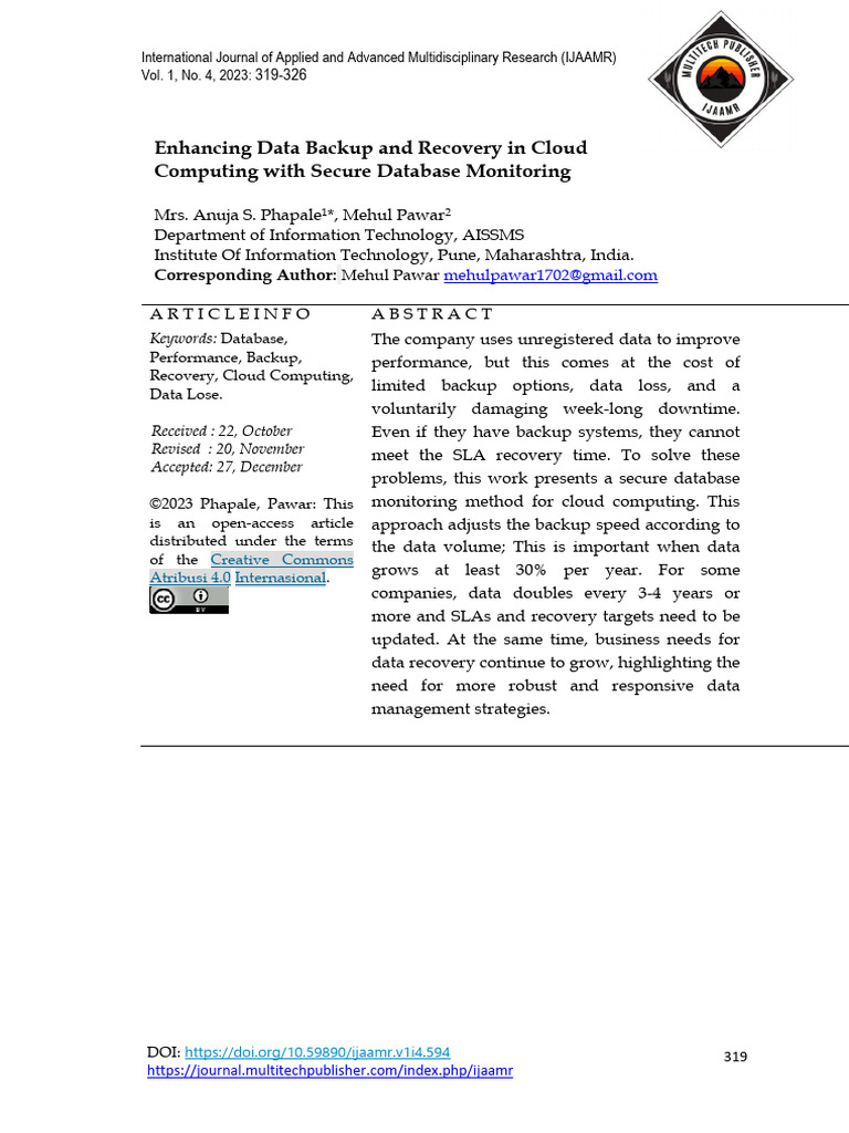 Enhancing Data Backup and Recovery in Cloud Computing With Secure | PDF | Backup | Security