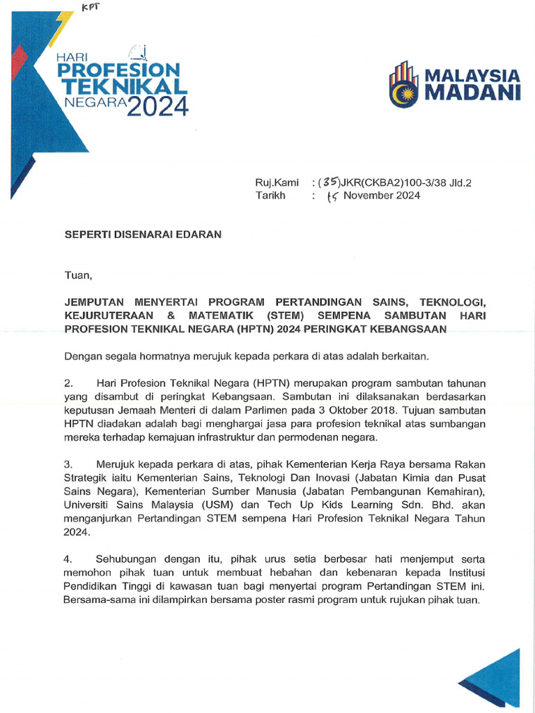 Surat Jemputan Ke Program Stem HPTN 2024 - KPT | PDF