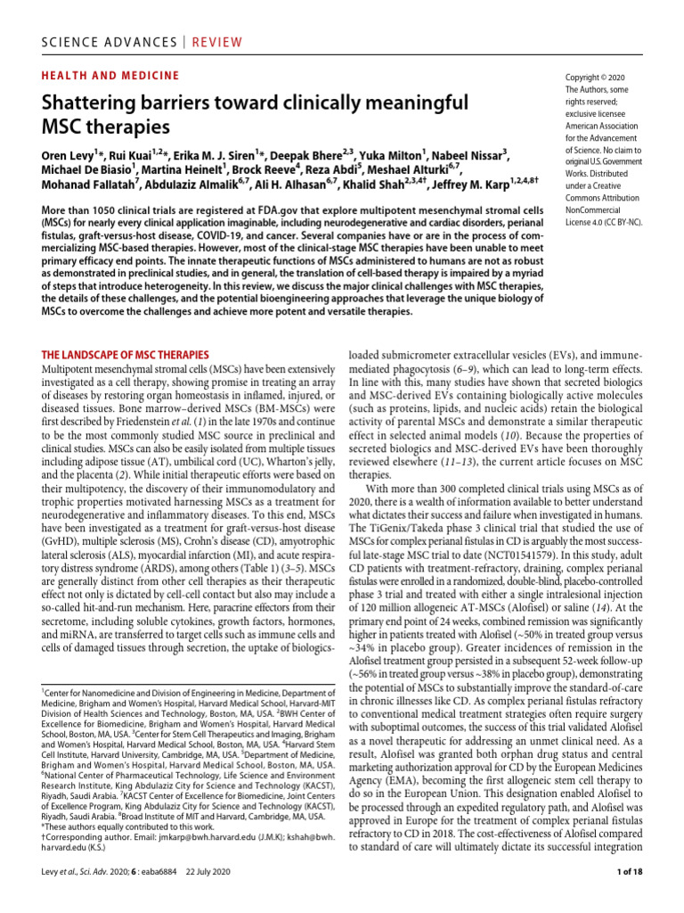 Shattering Barriers Toward Clinically Meaningful MSC Therapies | PDF ...