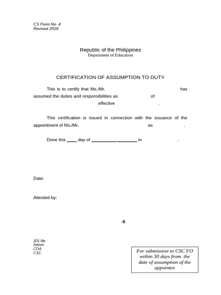 CS Form No. 4 Certification of Assumption to Duty | PDF