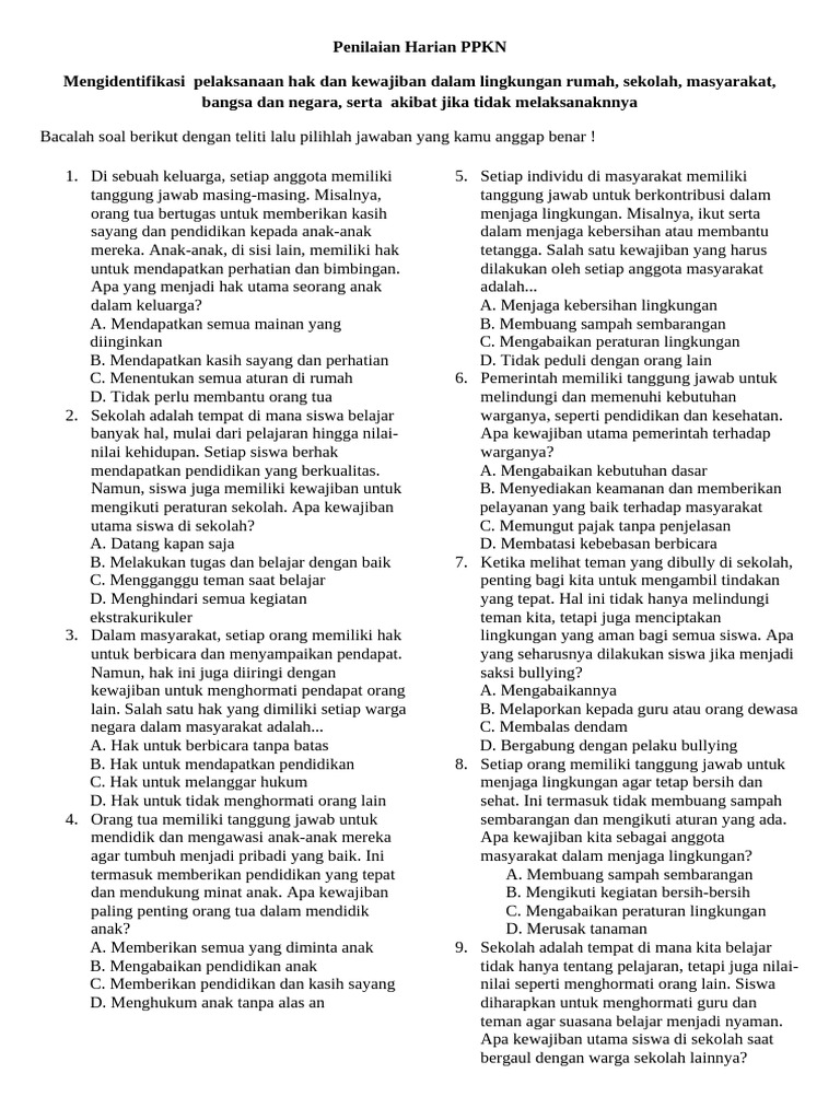 Penilaian Harian PPKN | PDF