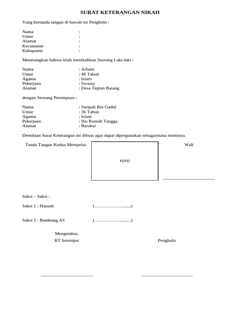 Surat Keterangan Nikah Slamet Tole | PDF