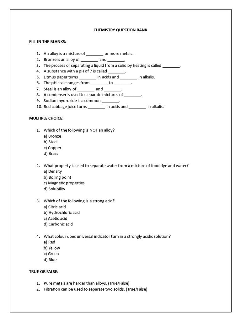 Chemistry Question Bank Guide | PDF | Alloy | Acid