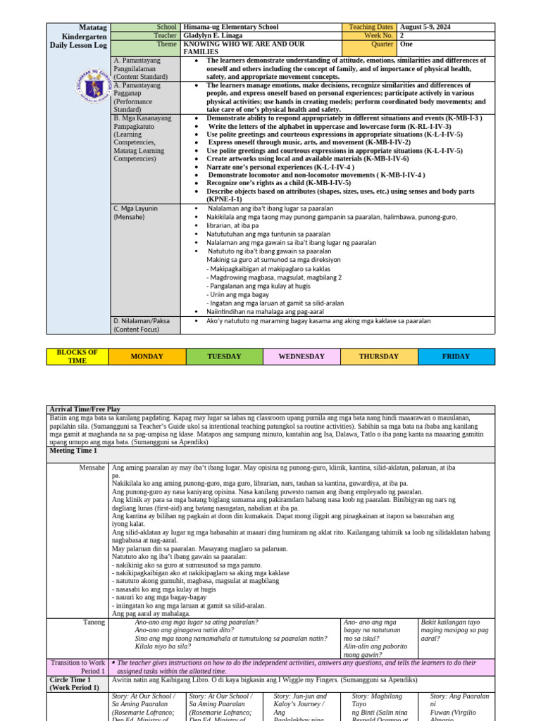 Q1-Week 2 Kindergarten-DLL-MATATAG | PDF
