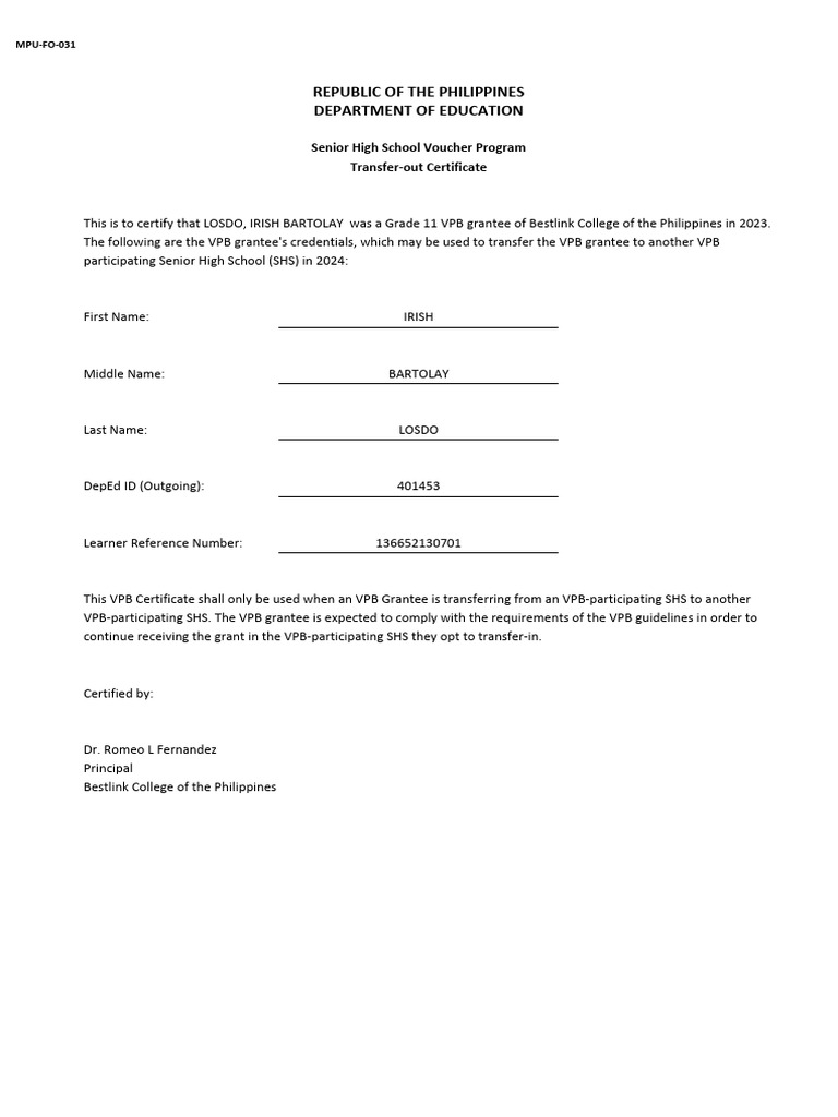 Certificate - LOSDO, IRISH BARTOLAY | PDF