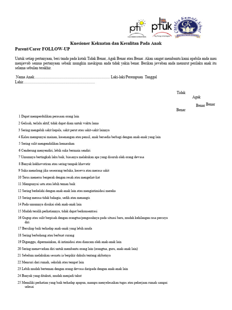 SDQ Parents Indo Follow-Up | PDF