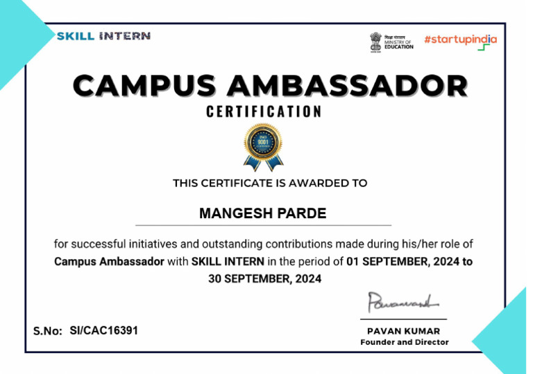 MANGESH PARDE Campus Ambassador Certificate | PDF