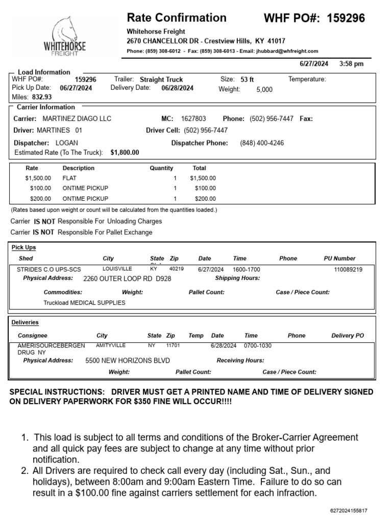 Signed Rate Confirmation 159296 | PDF | Cargo | Factoring (Finance)