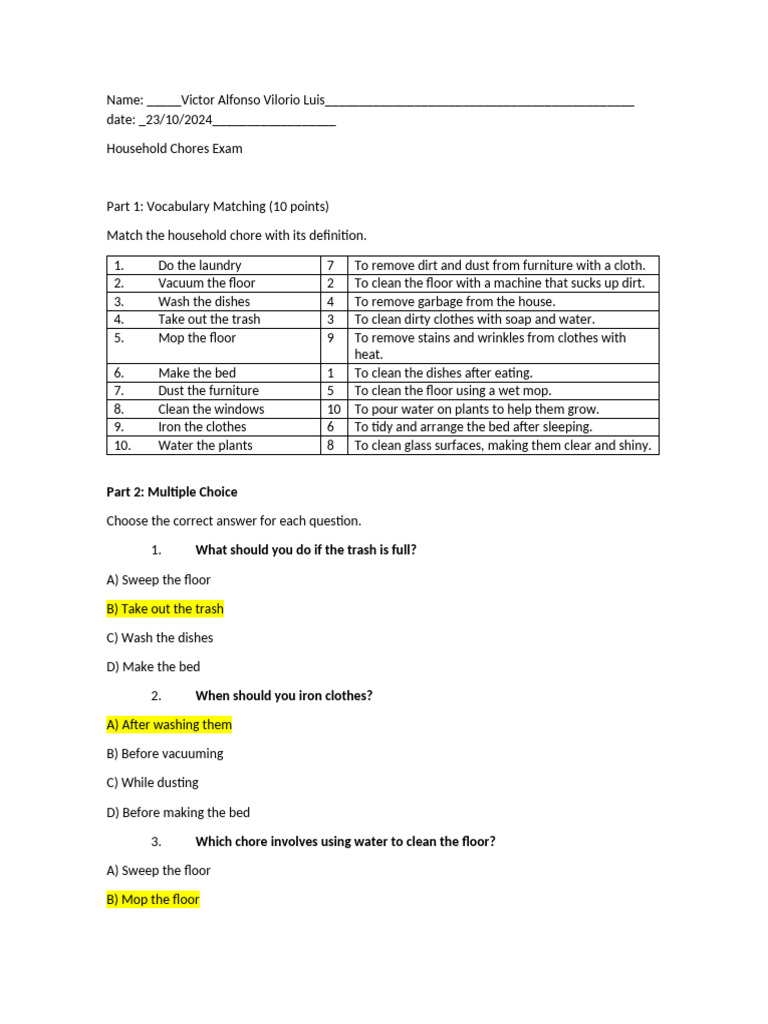 House Chores Homework | PDF | Housekeeping | Cleaning