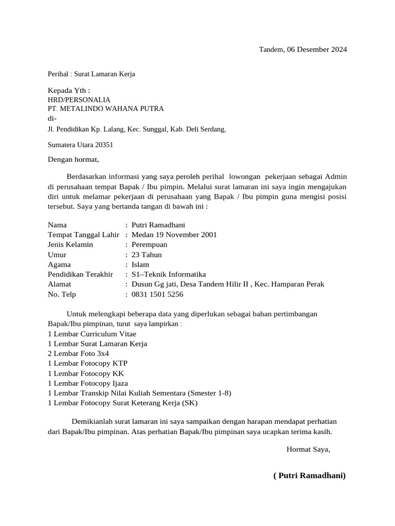 Surat Lamaran Kerja Admin PT Metalindo | PDF