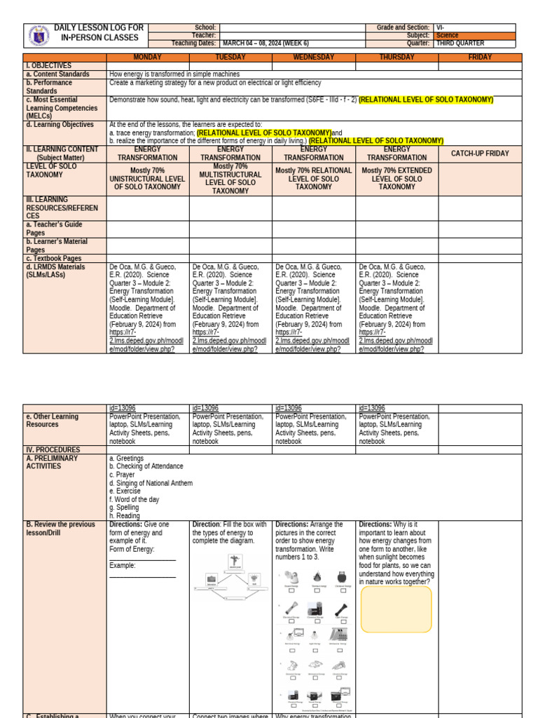 g6 q3w6 DLL Science (Melcs) | PDF | Potential Energy | Energy Development