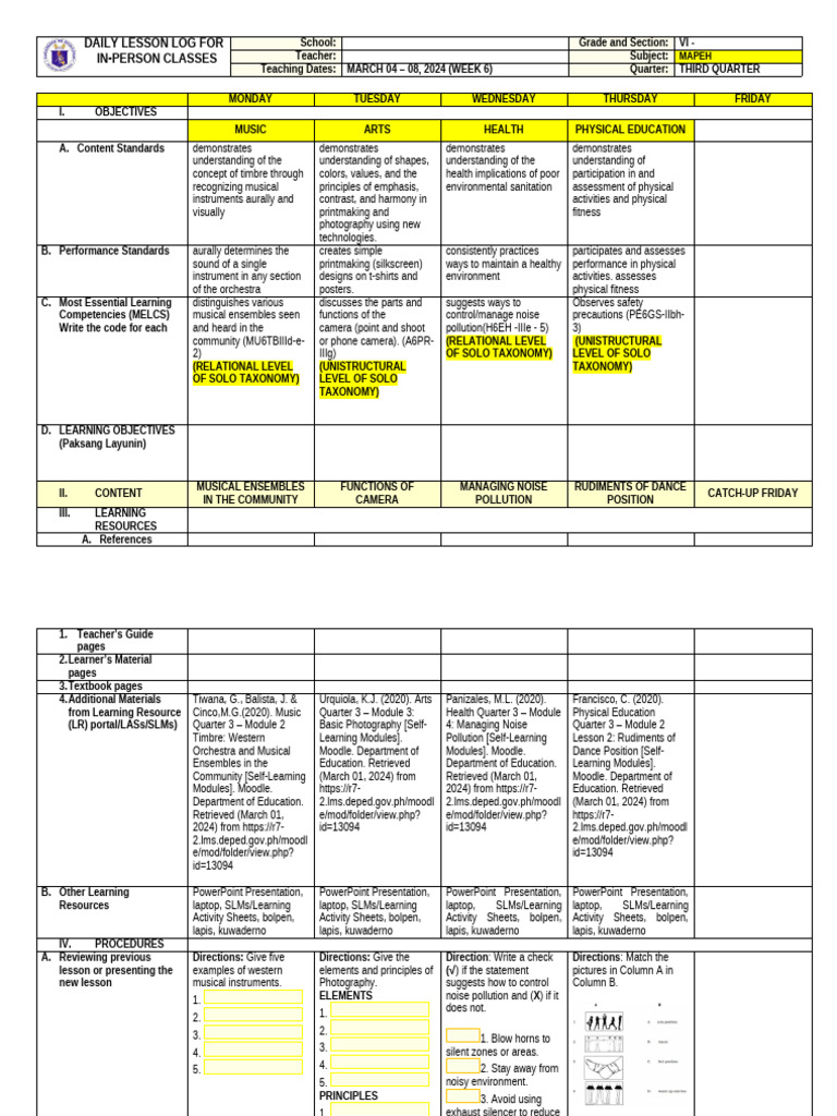 g6 q3w6 Dll Mapeh (Melcs) | PDF