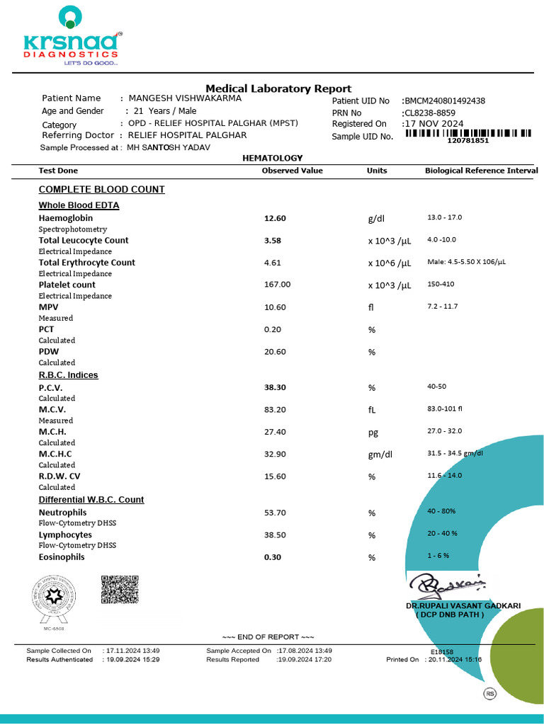 Complete Blood Count & Serology Report | PDF | White Blood Cell ...