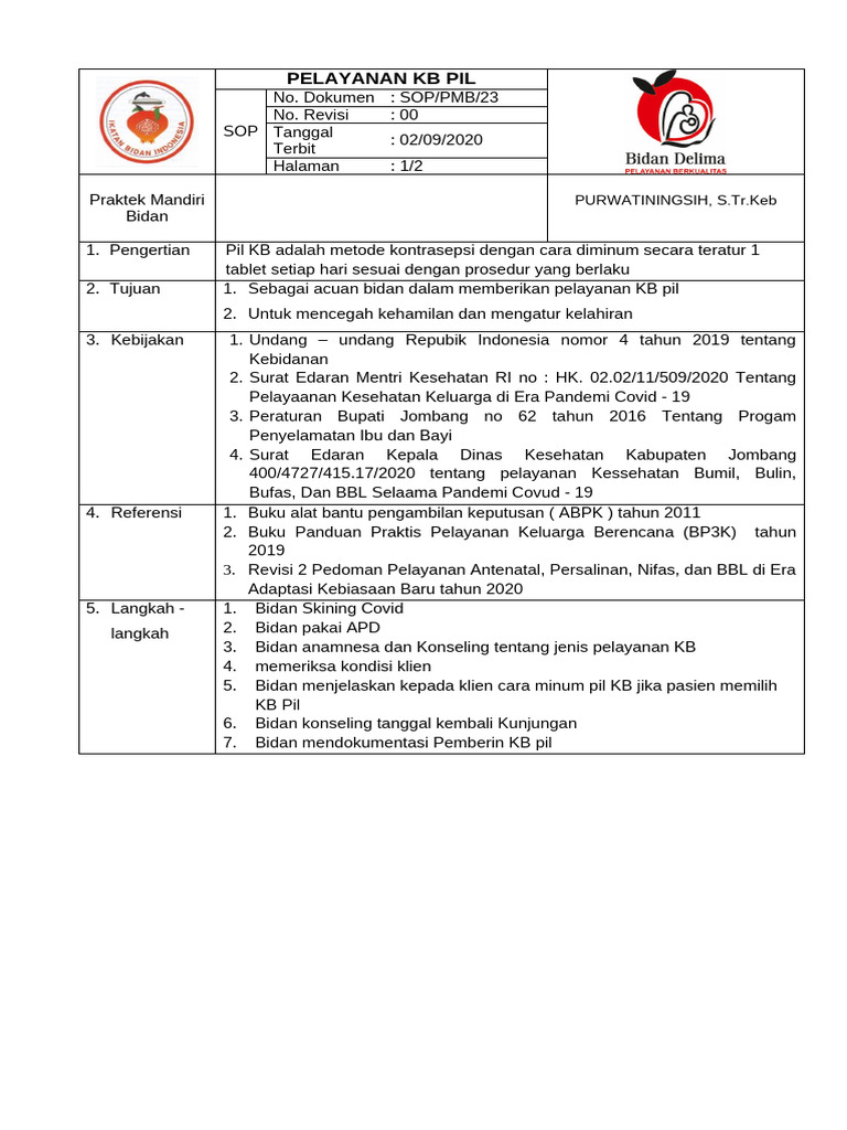 Sop PMB 23 Pemberian Pil KB 2020 | PDF