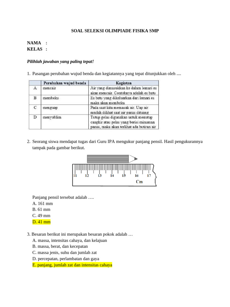 Solusi Soal Seleksi Olimp Fisika SMP (28 Juli 2022) | PDF
