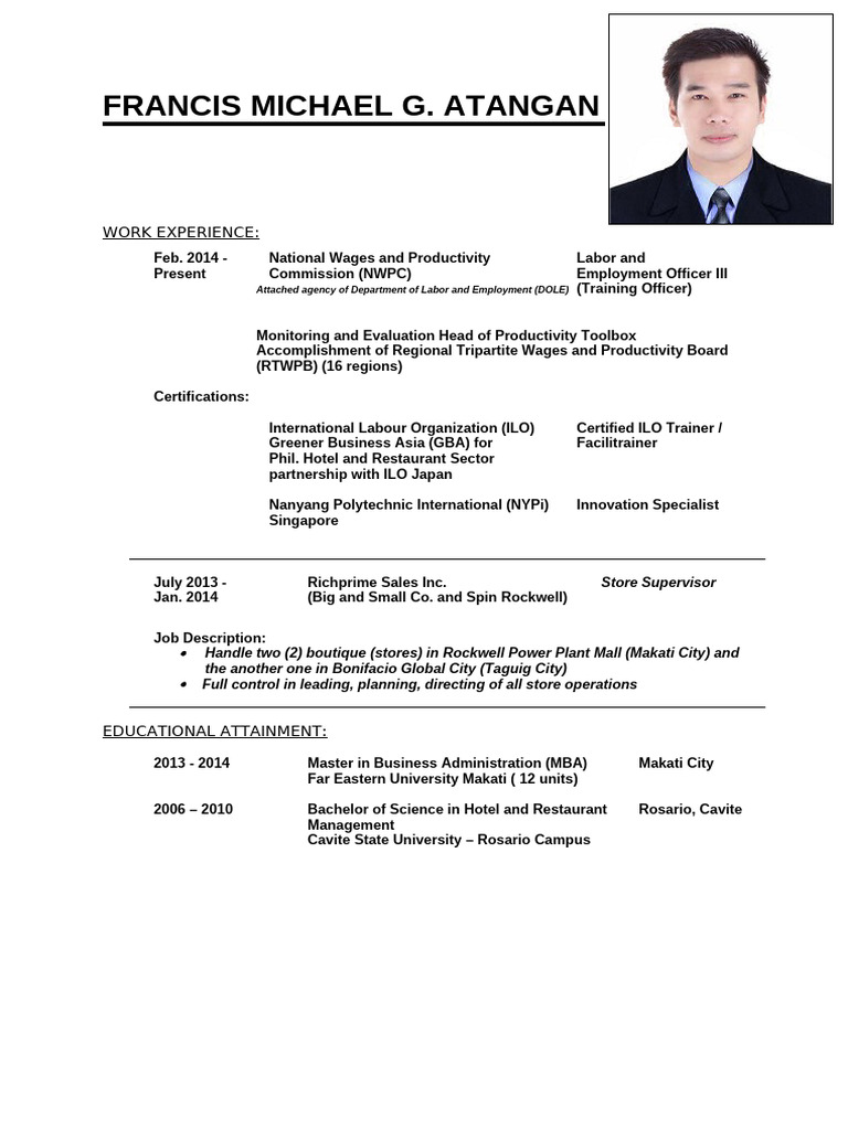 Francis Atangan: Employment & Retail Experience | PDF
